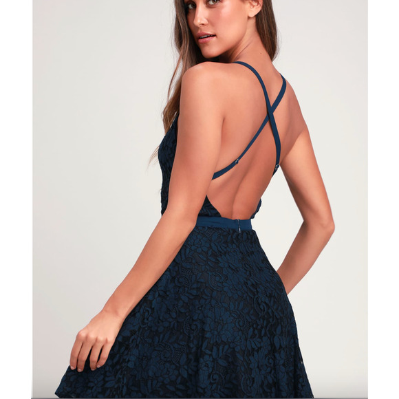 Lulus Dresses Lulus Dancing In The Moonlight Navy Blue Lace Skater
